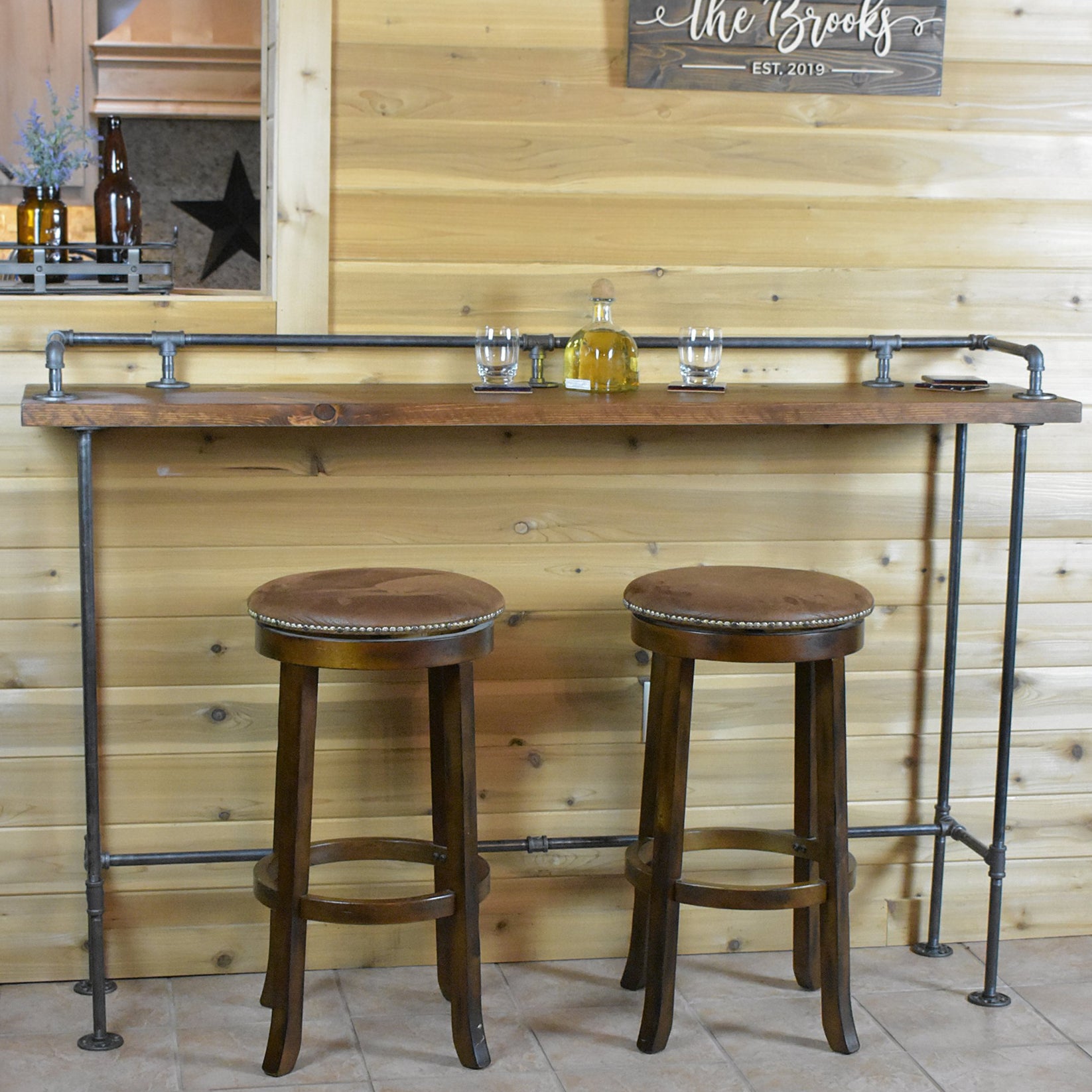 Industrial Farmhouse Tall Breakfast Bar Wood Table with Iron Pipe Drink ...